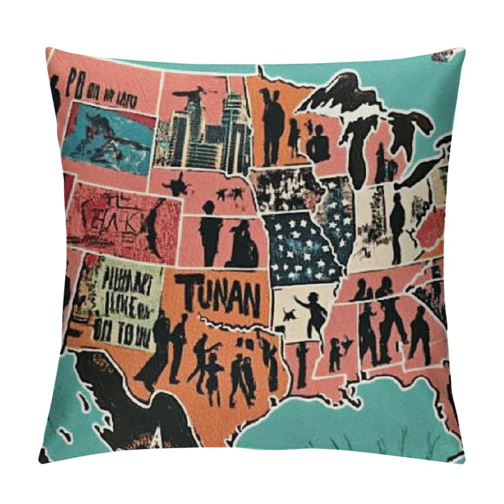 SHERONV USA Map Throw Pillow Cover Cute Animals Marks in US City Pillow ...