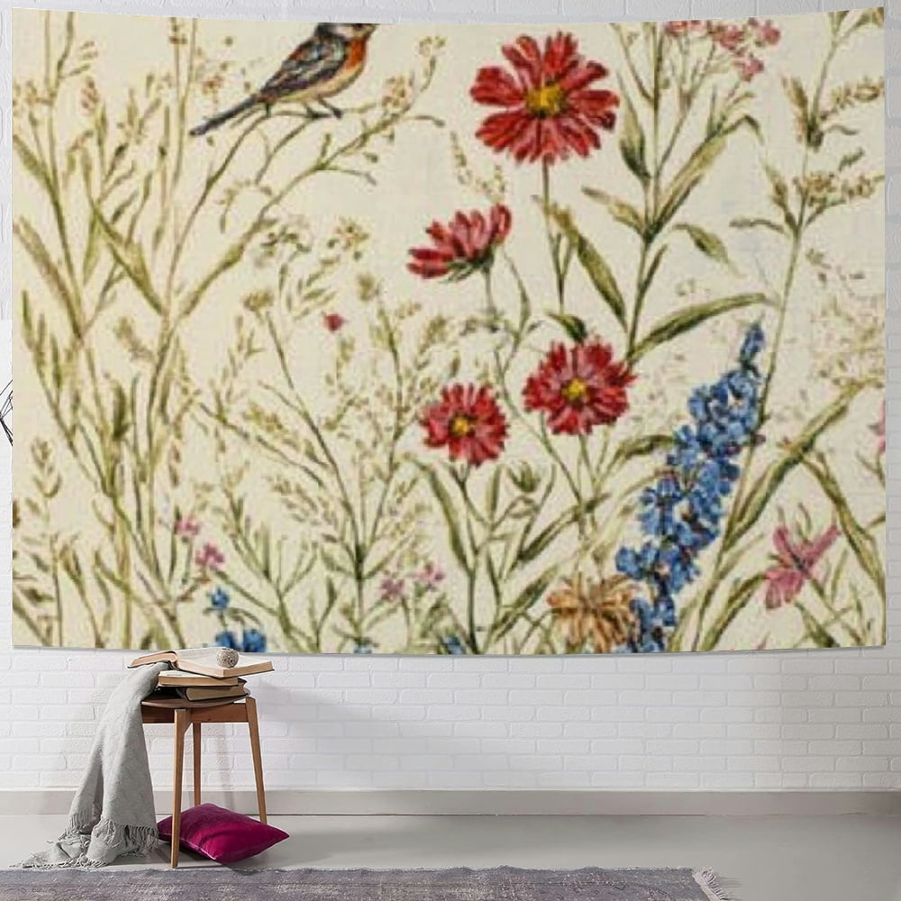 SHERONV Wild Flowers Bird Tapestry Wall Hanging Unique Style Graphic ...