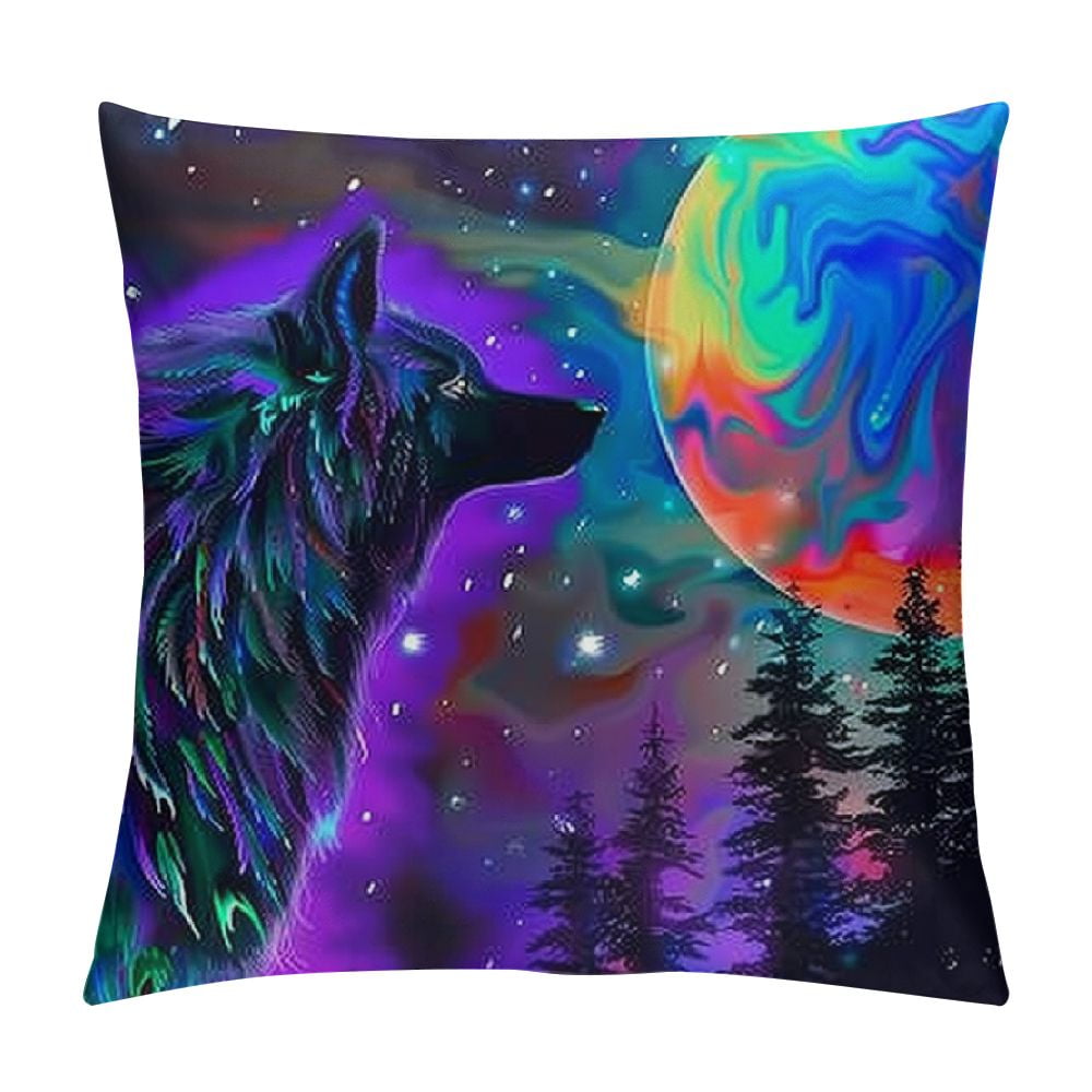 SHERONV Wolf Moon Trees Graphic Decorative Pillow Cover for Home Couch ...