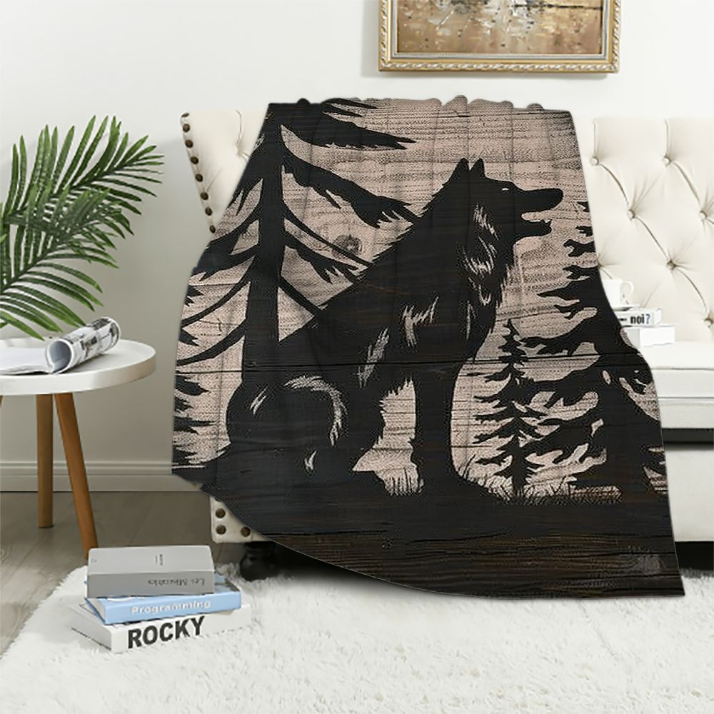 SHERONV Wolf Pine Tree Woodcut Flannel Blanket Soft Fleece Throw ...
