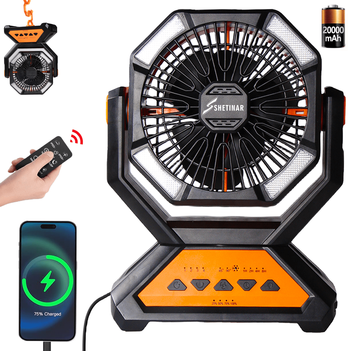 Portable Camping Tent Fan 20000mAh Rechargeable Battery Operated Desk ...