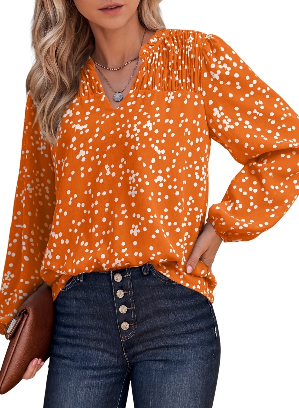 SHEWIN, Blouses for Women, Long Sleeve V Neck Boho Floral Print, M ...