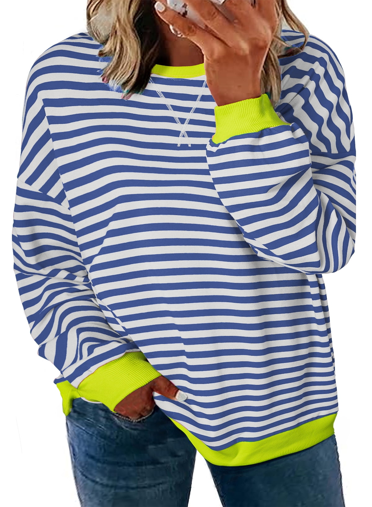 SHEWIN Oversized Sweatshirts Stripe Crewneck Loose Fit Plus Size ...