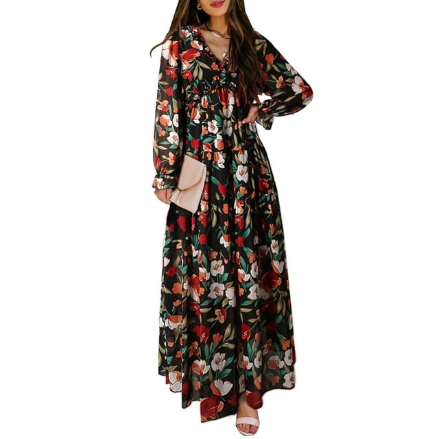 SHEWIN Plus Size Dresses for Women Boho Floral Print Maxi Dress with ...