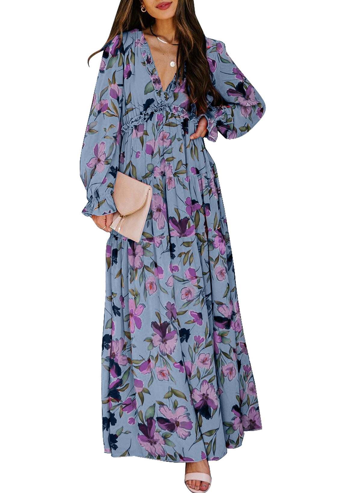 SHEWIN Plus Size Dresses for Women Boho Floral Print Maxi Dress with ...