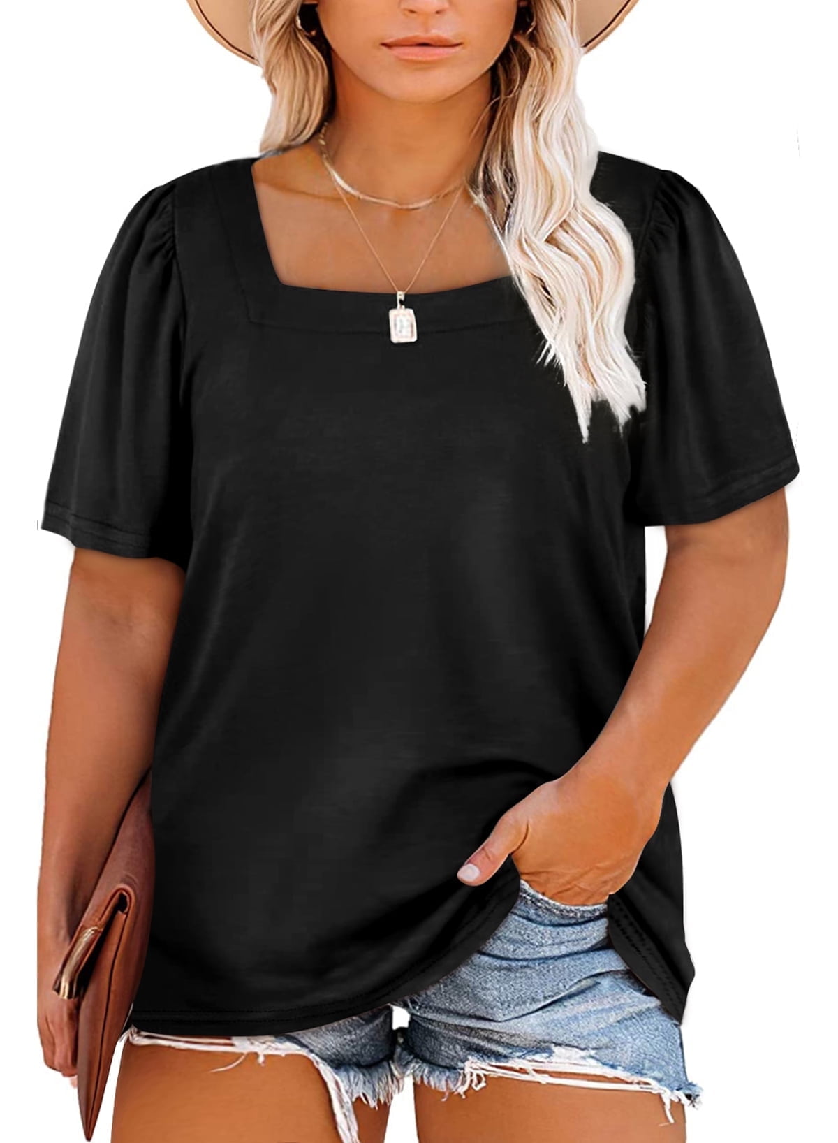 SHEWIN Plus Size Tops for Women Casual Basic Tee Summer Square Neck Tee ...
