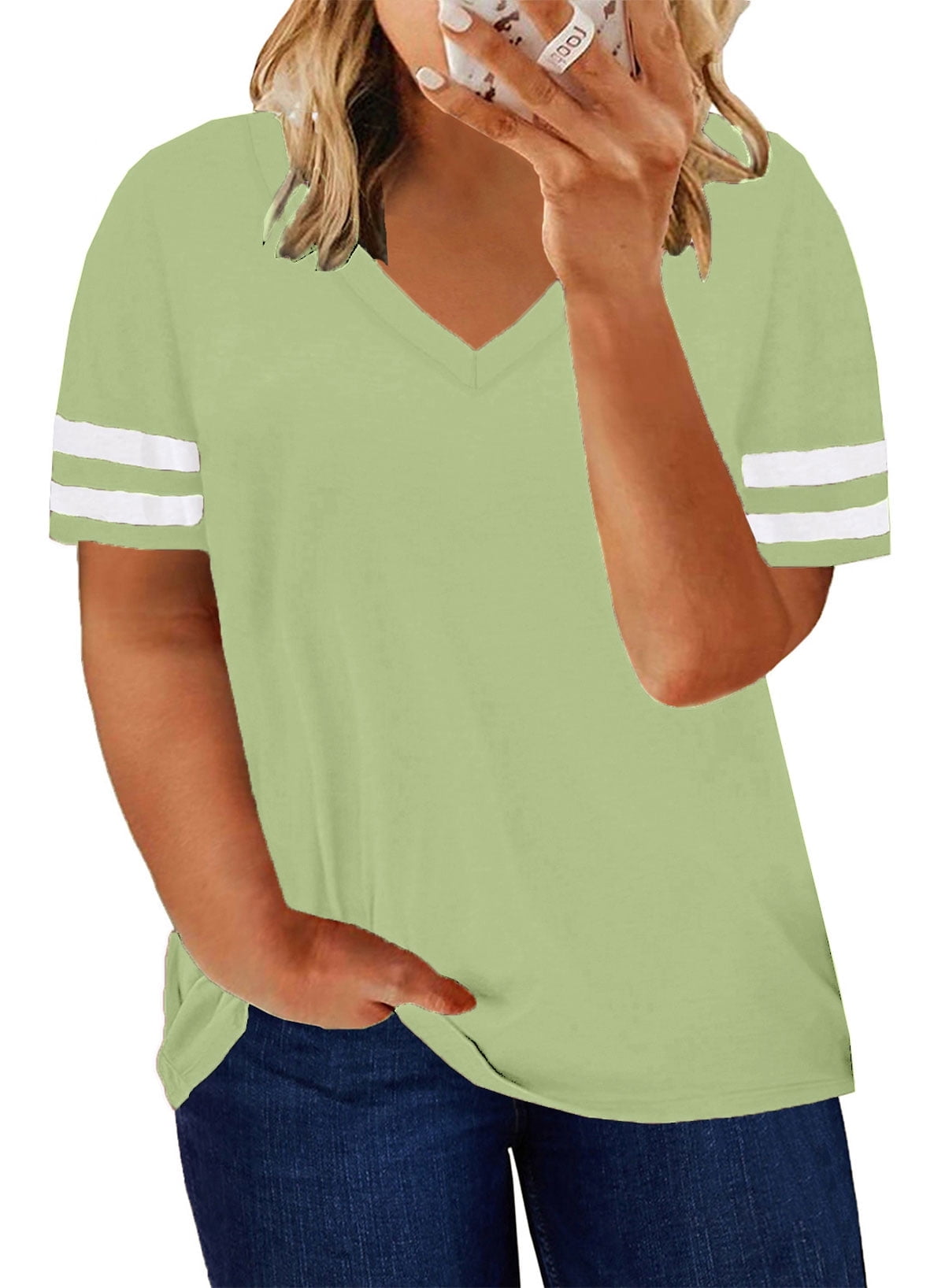 SHEWIN Plus Size Tops for Womens V Neck Light Green Short Sleeve Loose ...