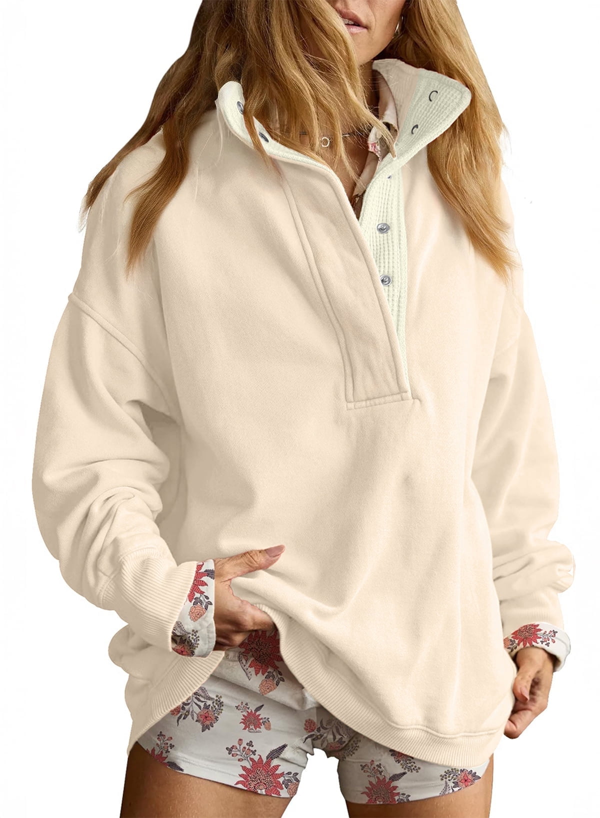 SHEWIN Sweatshirt for Women Oversized Casual Long Sleeve Quarter Button ...