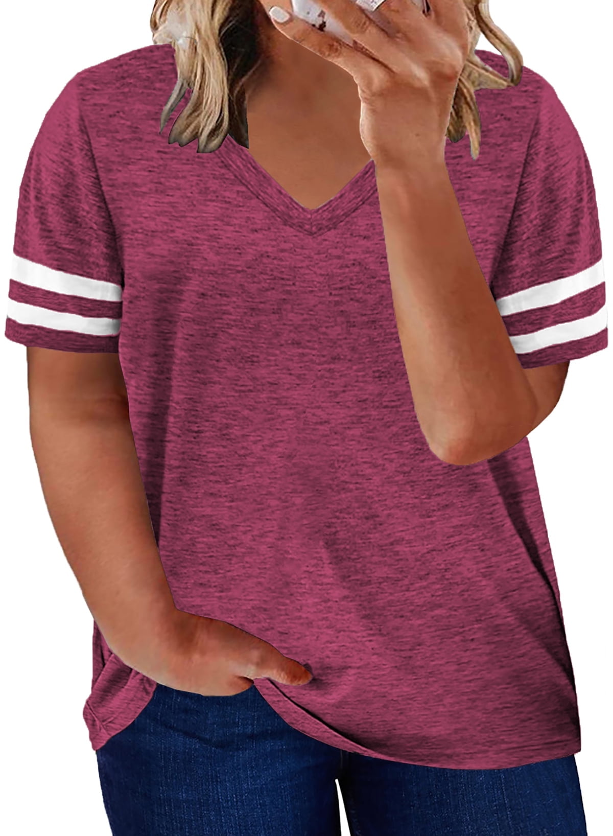 SHEWIN Womens Plus Size T-Shirt, V Neck, Stripe, Short Sleeve ...