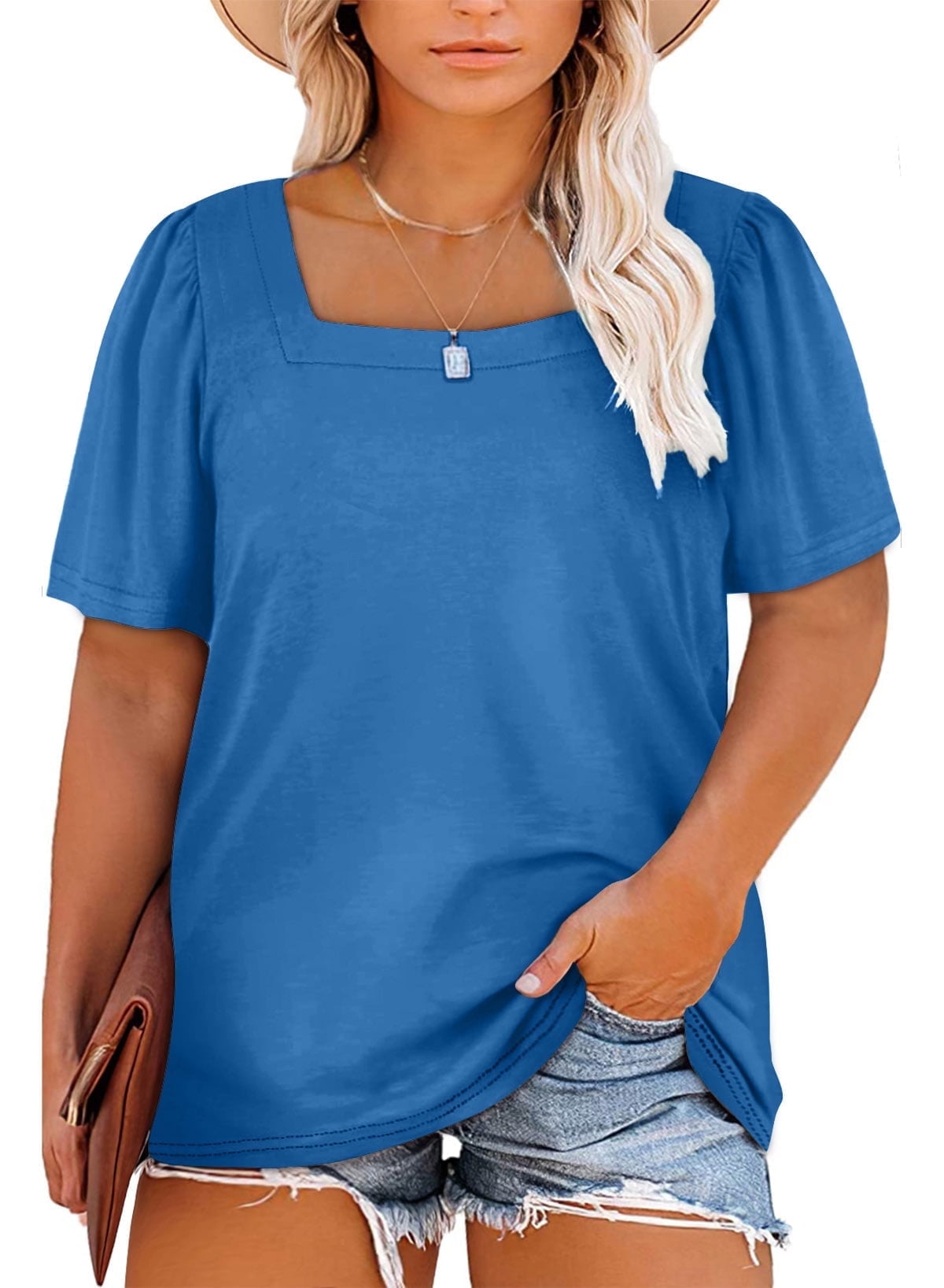 SHEWIN Women Plus Size Tee Shirts Loose Fit Square Neck Blouse Top for ...