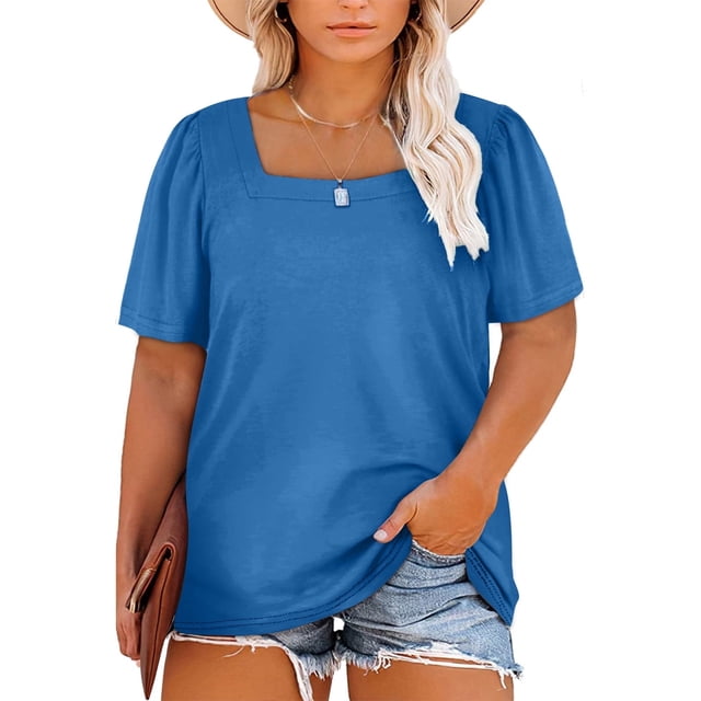 SHEWIN Women Plus Size Tee Shirts Loose Fit Square Neck Blouse Top for ...