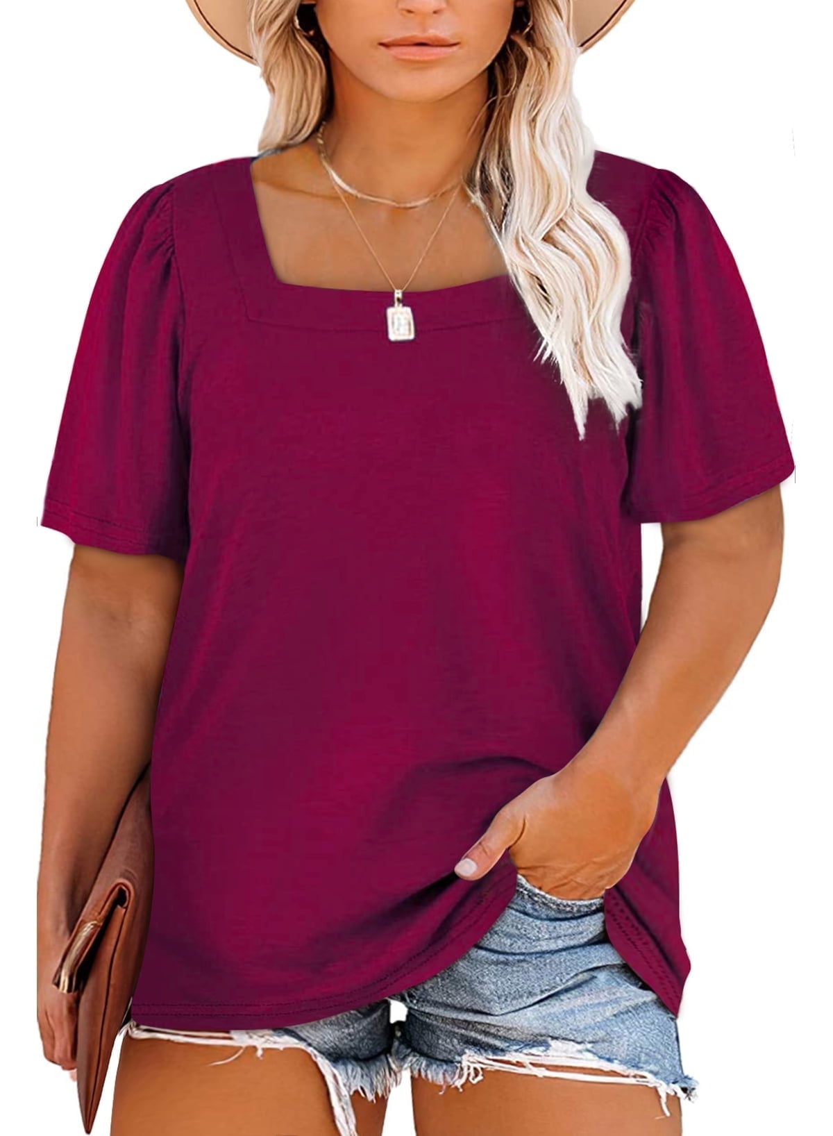 Aleumdr Women's Plus Size Square Neck Tee Shirts, Loose Fit ...
