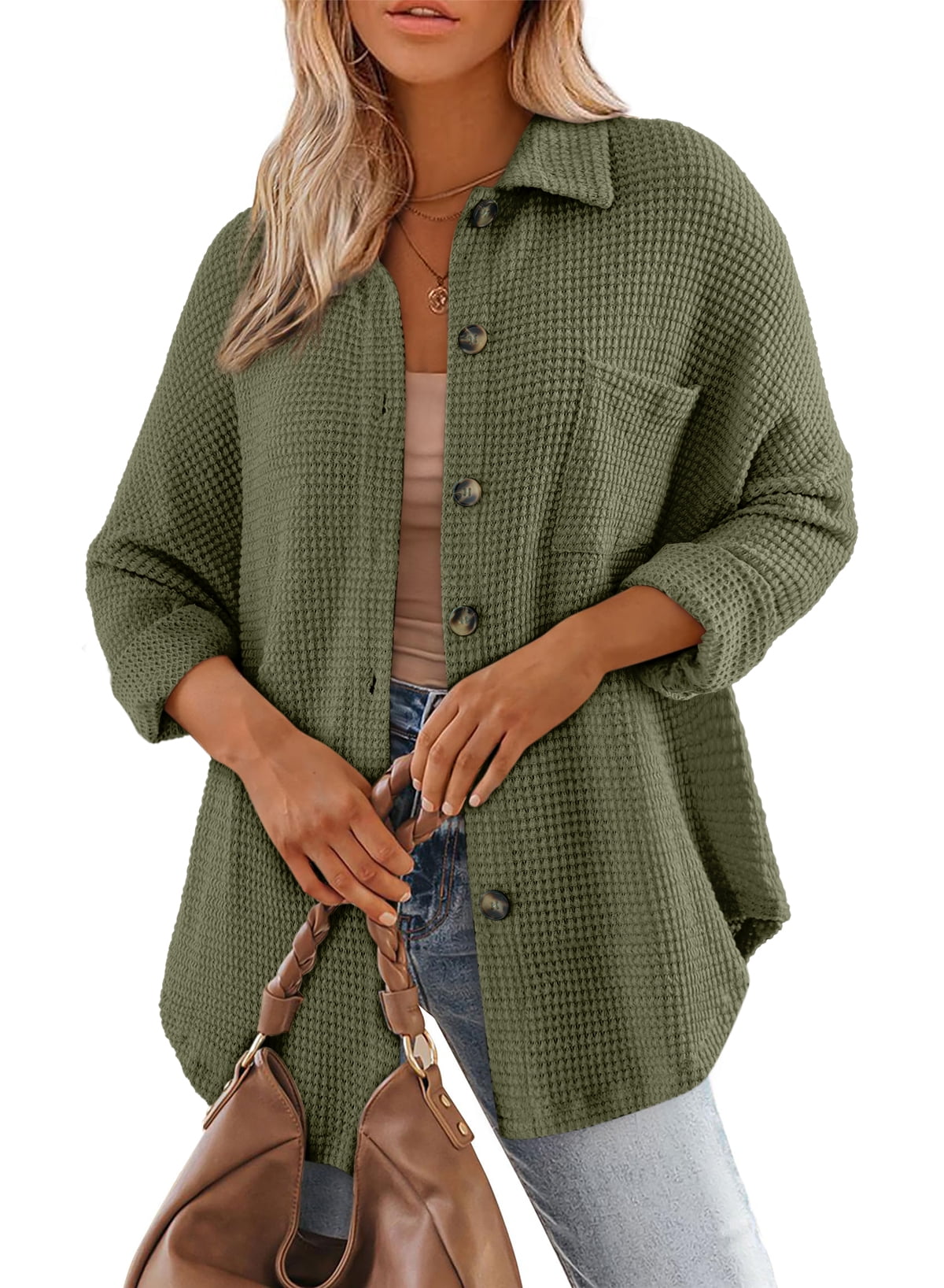 SHEWIN Women's Casual Waffle Knit, Light Long Sleeve Button Down Shirts ...