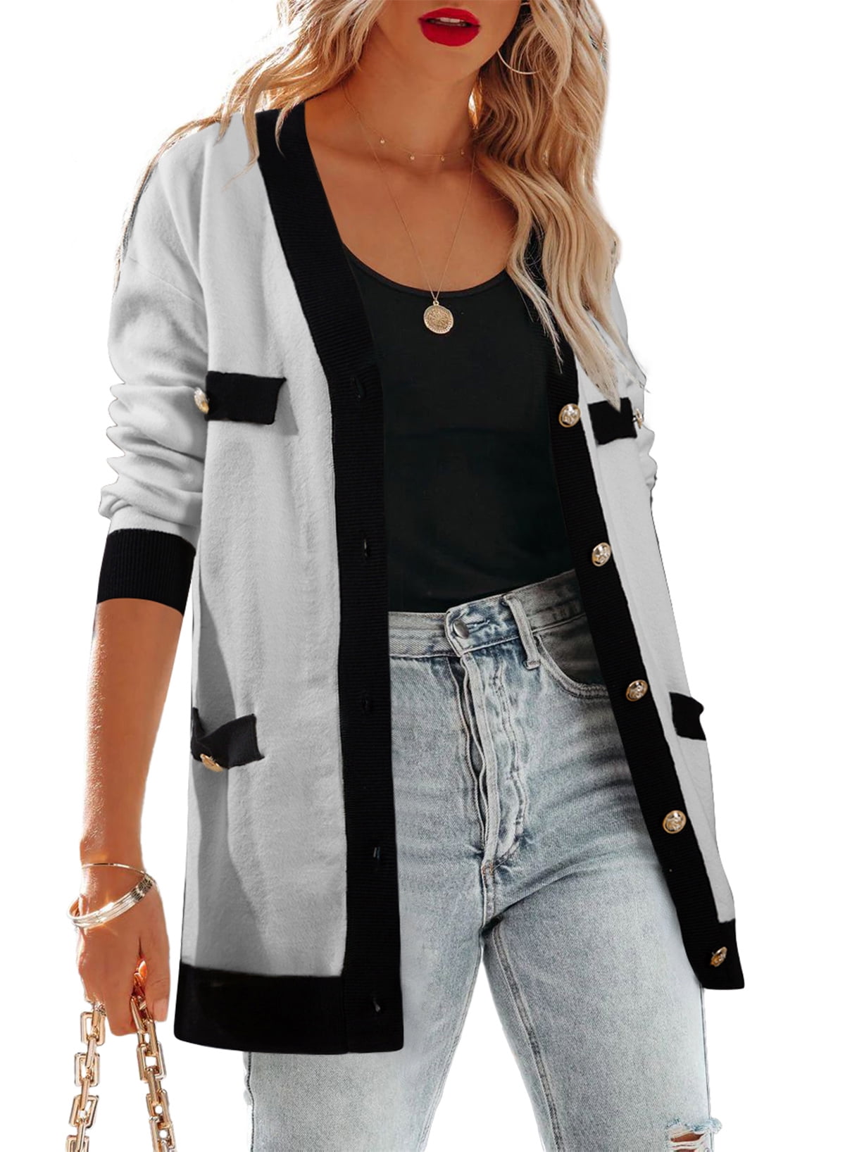 SHEWIN Women's Cardigan Sweaters Open Front Button Down Plaid Chunky ...