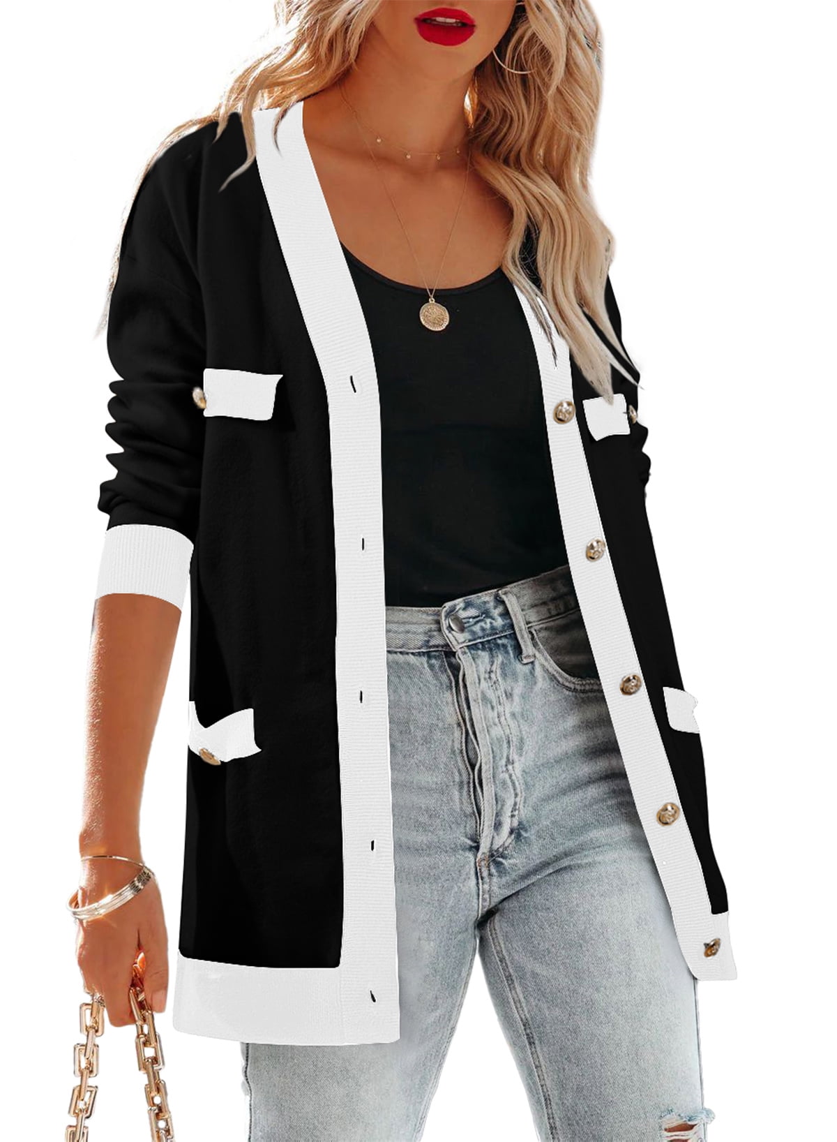 SHEWIN Women's Cardigan Sweaters Open Front Button Down Plaid Chunky ...