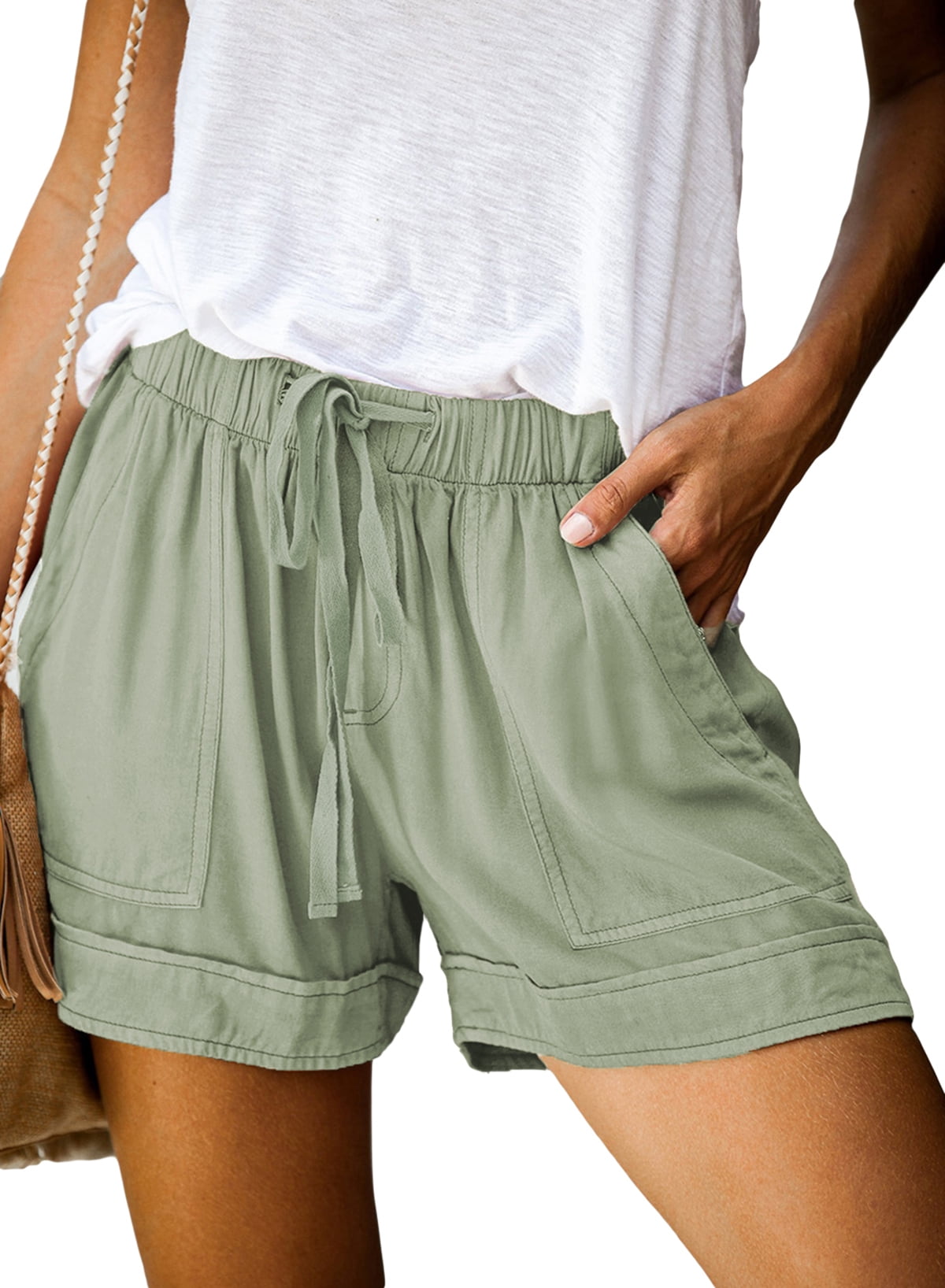 SHEWIN Women's Summer Casual Shorts, Mid Rise Elastic Waist, Drawstring ...