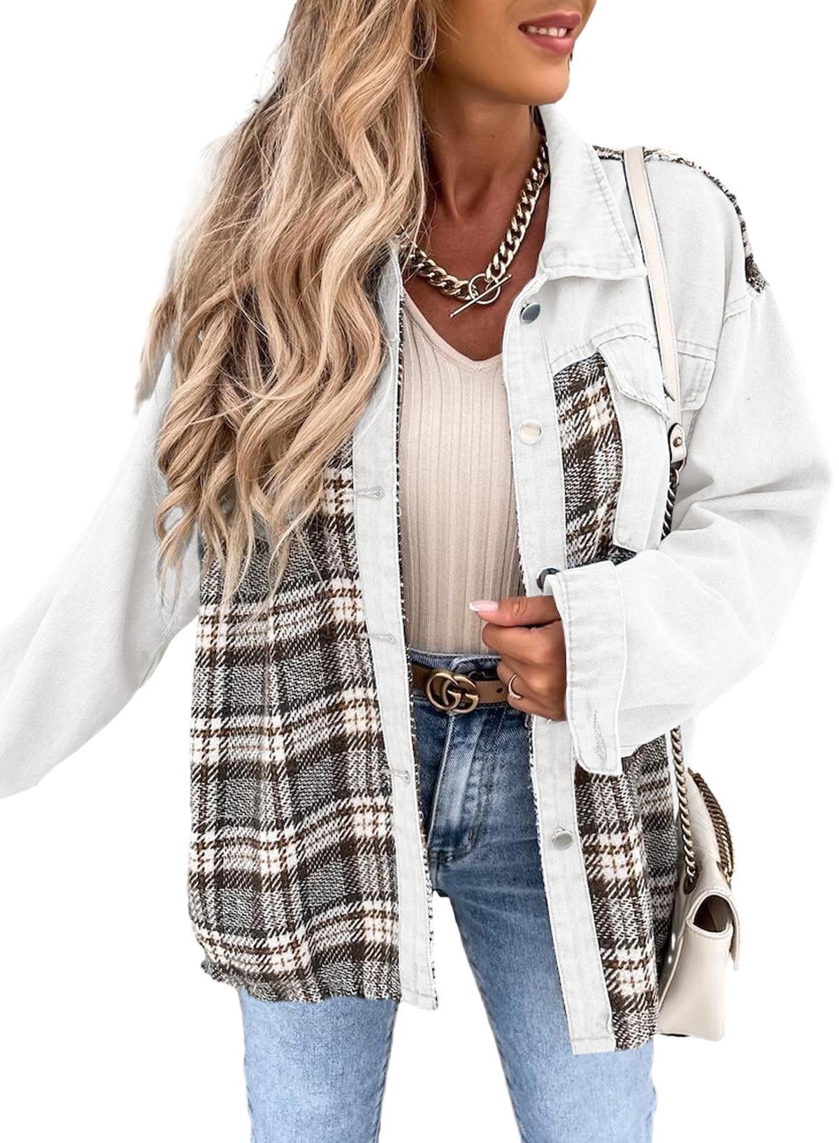 SHEWIN Women's Denim Jacket Plaid Patchwork Shacket Long Sleeve Button ...