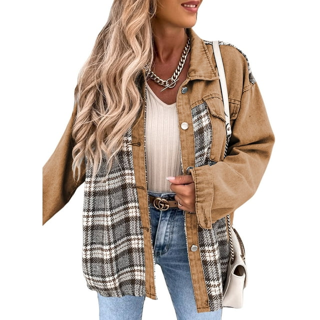 SHEWIN Women's Denim Jacket Plaid Patchwork Shacket Long Sleeve Button ...
