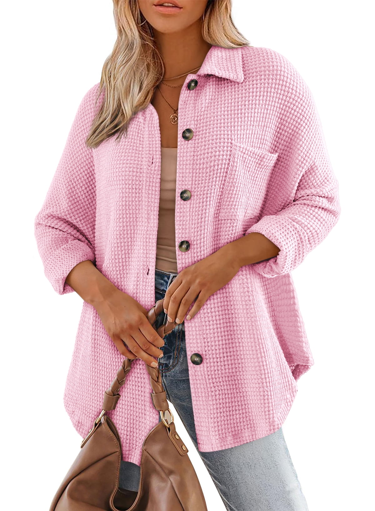 SHEWIN Women's Tops Button Down Shackets Jackets Waffle Knit Shirts ...