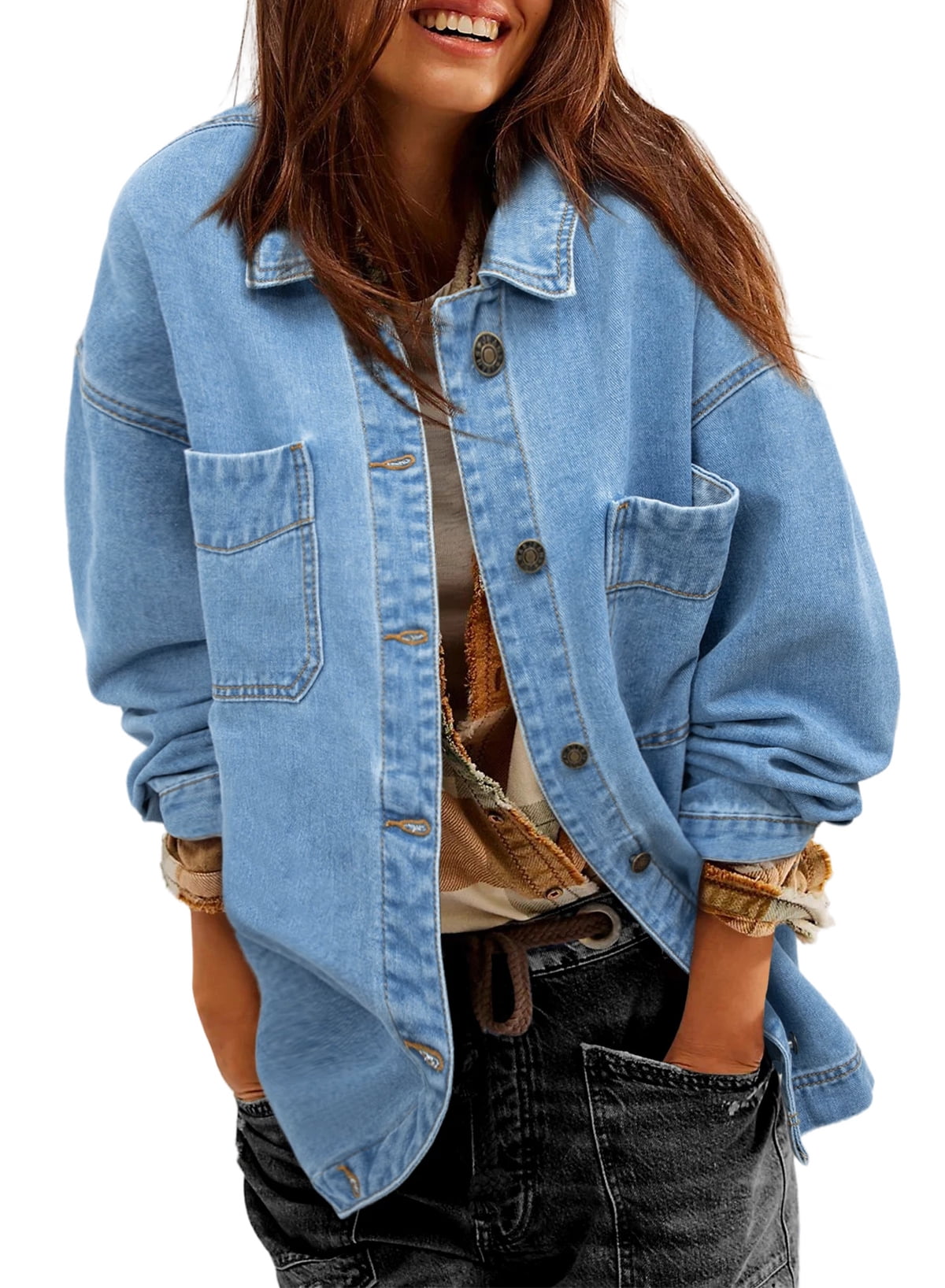 SHEWIN Women's Jean Jacket Oversized Denim Jackets Boyfriend Button Up ...