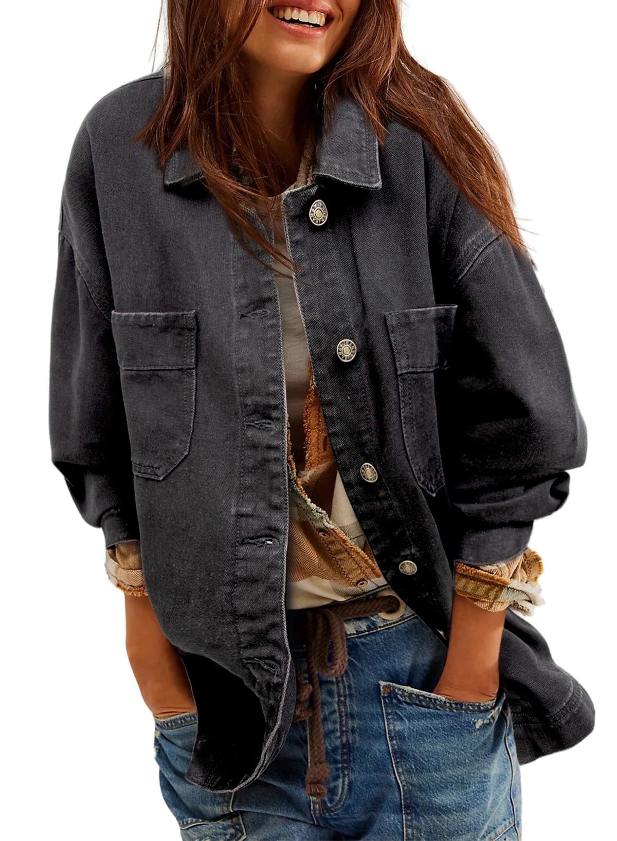 SHEWIN Women's Jean Jacket Oversized Denim Jackets Boyfriend Button Up ...