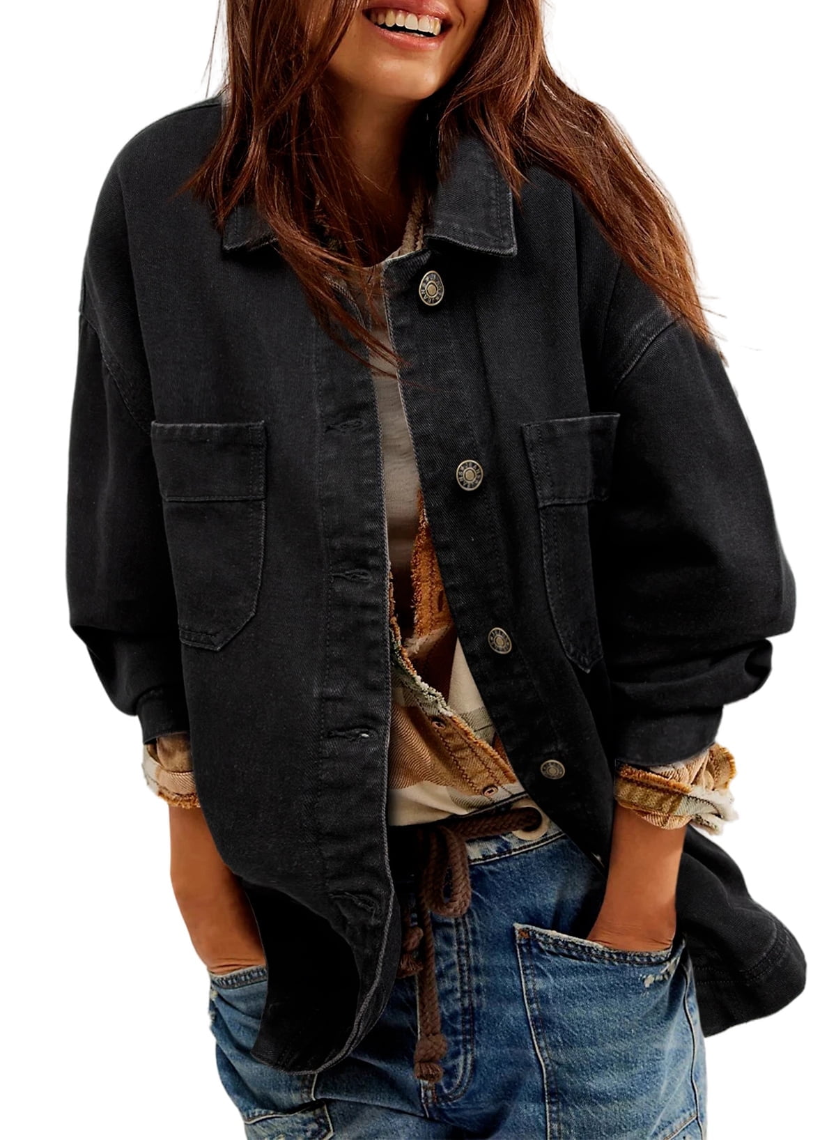 SHEWIN Women's Jean Jacket Oversized Denim Jackets Boyfriend Button Up ...