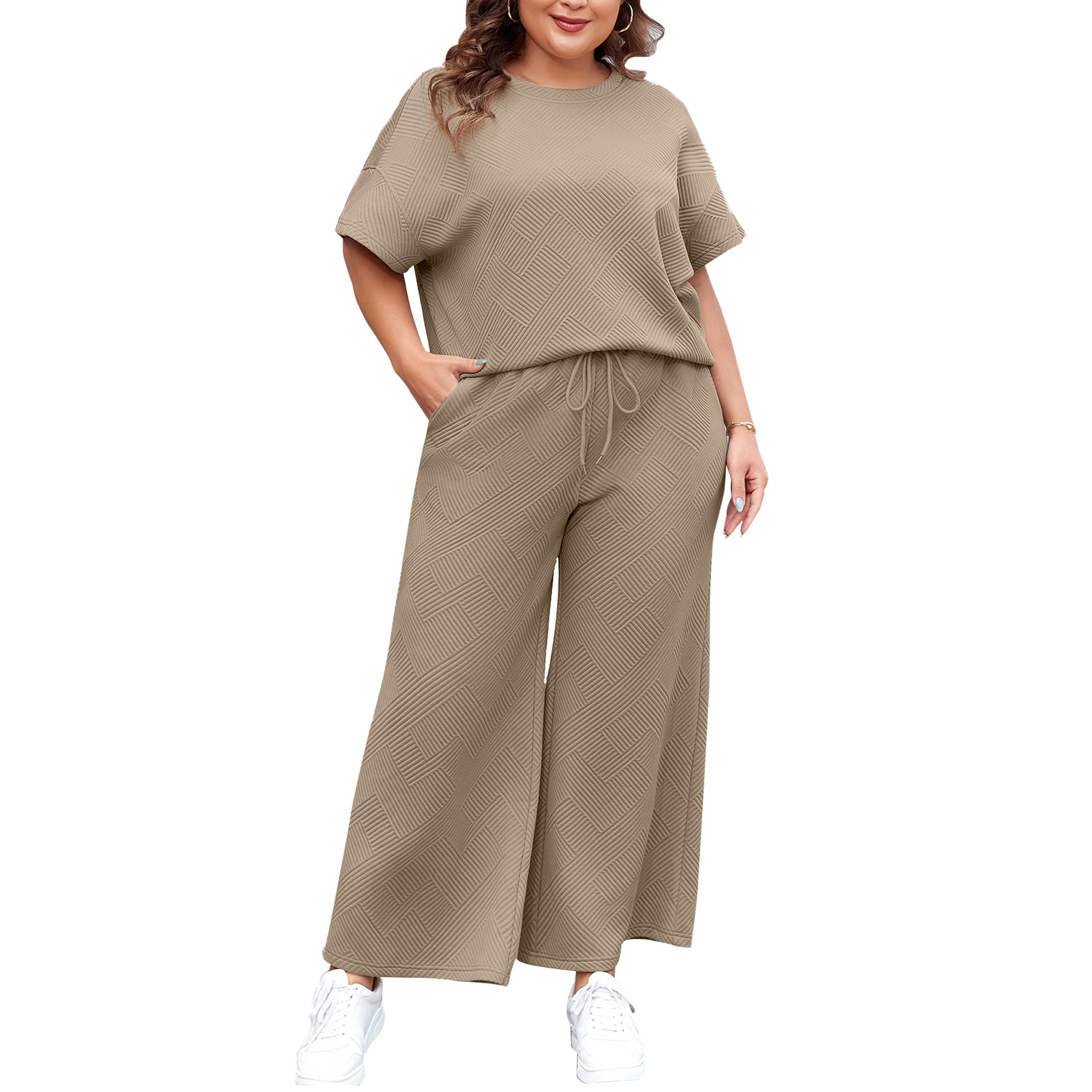 SHEWIN Women's Plus Size Outfits Sets 2 Piece Crew Neck Short Sleeve ...