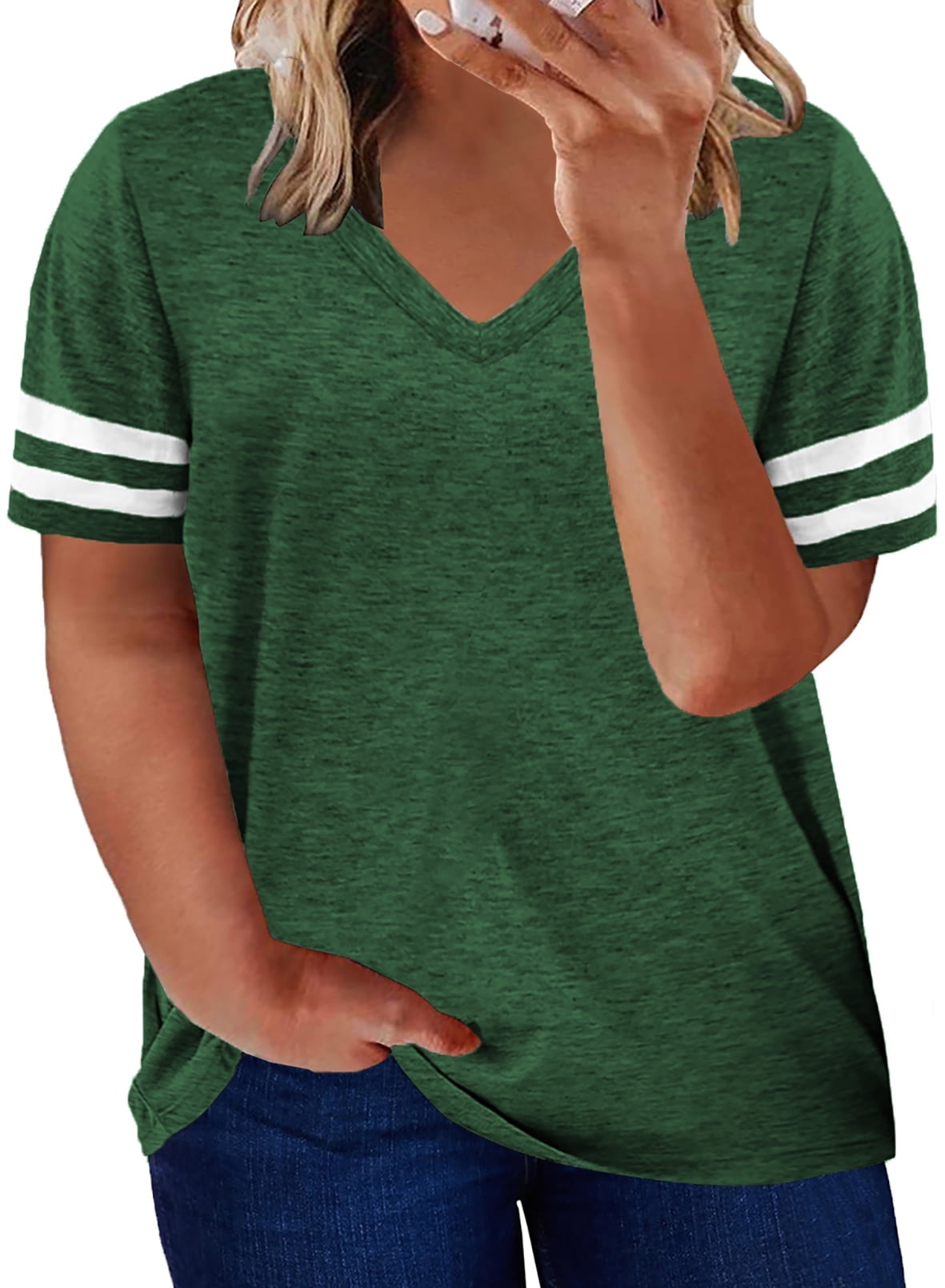 Aleumdr Women's Plus Size Summer Blouse V Neck Short Sleeve Green Tee ...