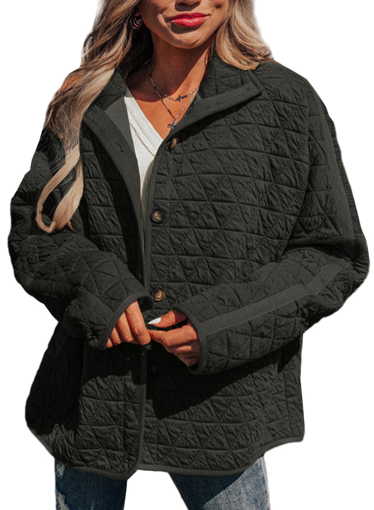 SHEWIN Women's Puffer Jacket Button Down Quilted Coat Casual Winter ...