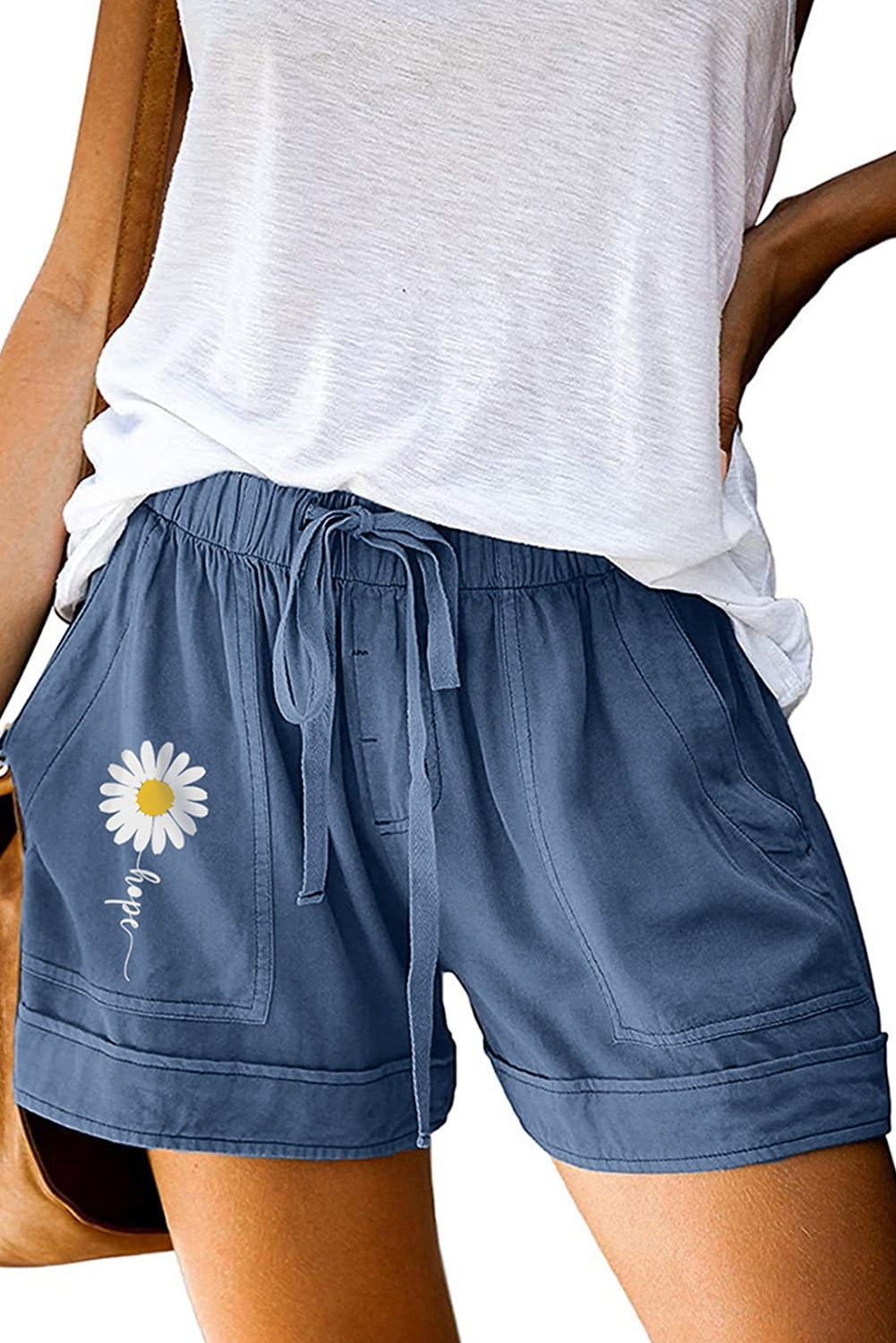 Shewin Womens Shorts Casual Mid Rise Drawstring Cotton Shorts Summer