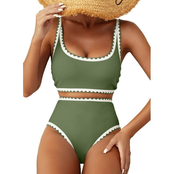 SHEWIN Womens Bikini Set 2 Piece High Waisted Color Block Swimsuit Spaghetti Straps Bathing ...