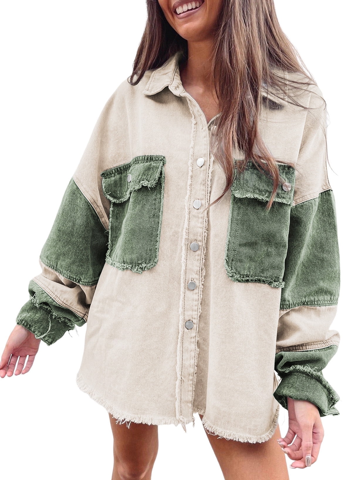 SHEWIN Womens Jean Jacket Oversized Distressed Shacket Color Block ...