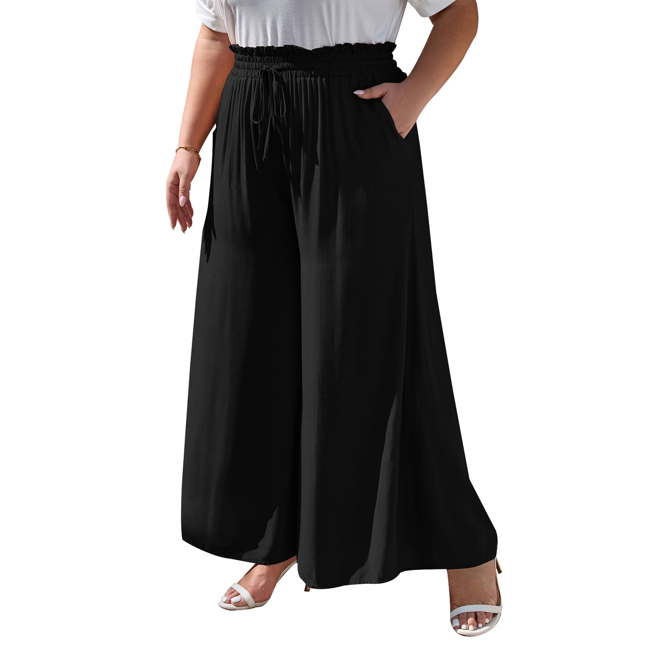 SHEWIN Womens Plus Size Dress Pants Comfy High Waisted Wide Leg Lounge ...