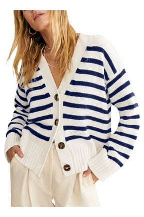 Womens Blue White Striped Sweater