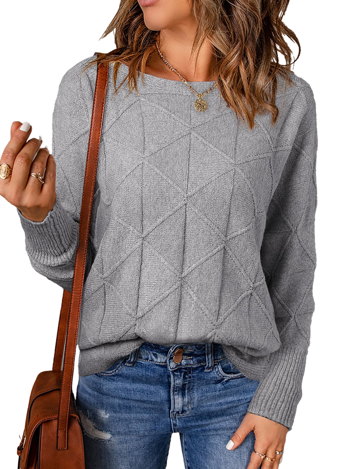 SHEWIN Womens Sweaters Casual Crewneck Long Batwing Sleeve Pullover ...