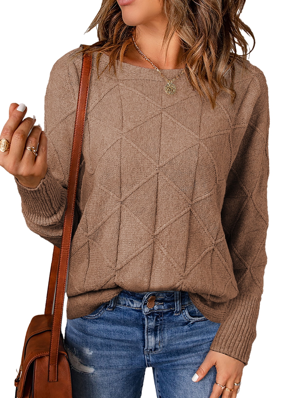 SHEWIN Womens Sweaters Casual Crewneck Long Batwing Sleeve Pullover ...