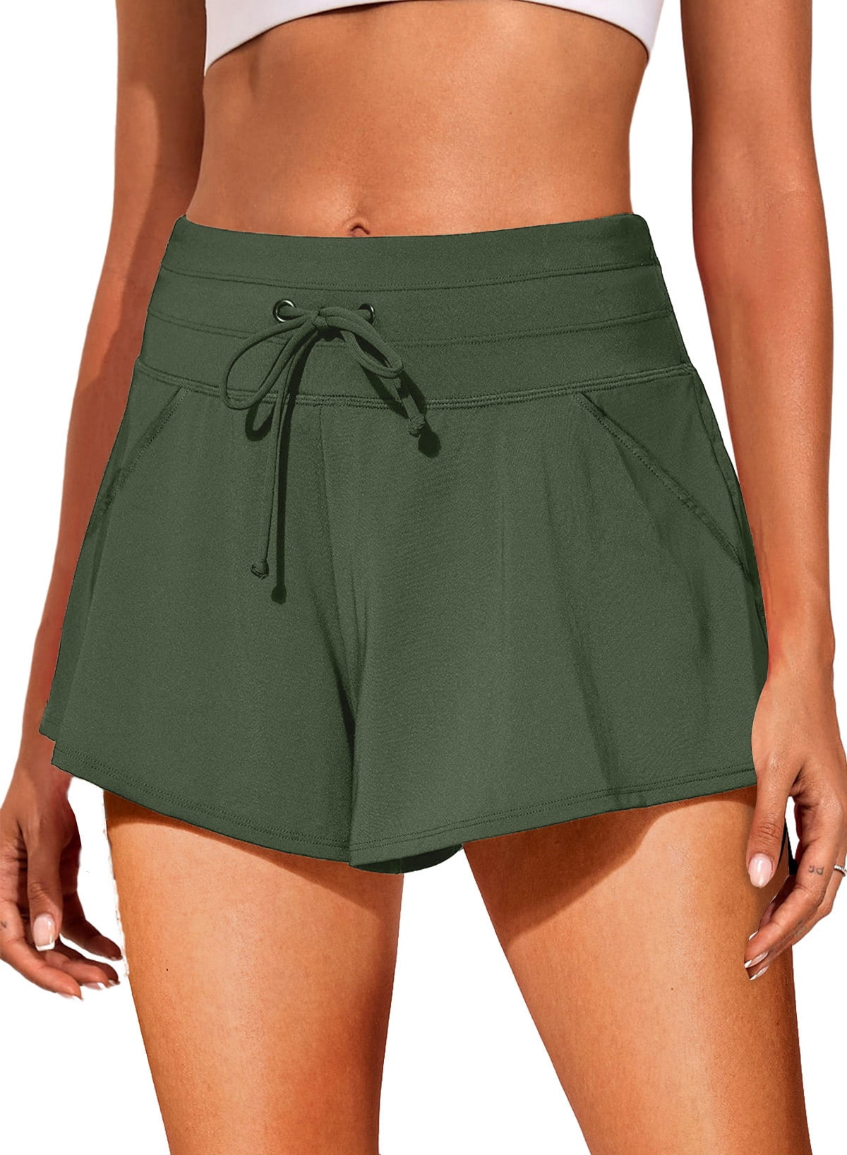 SHEWIN Womens Swim Board Shorts High Rise Drawstring Swimsuit Bottoms ...