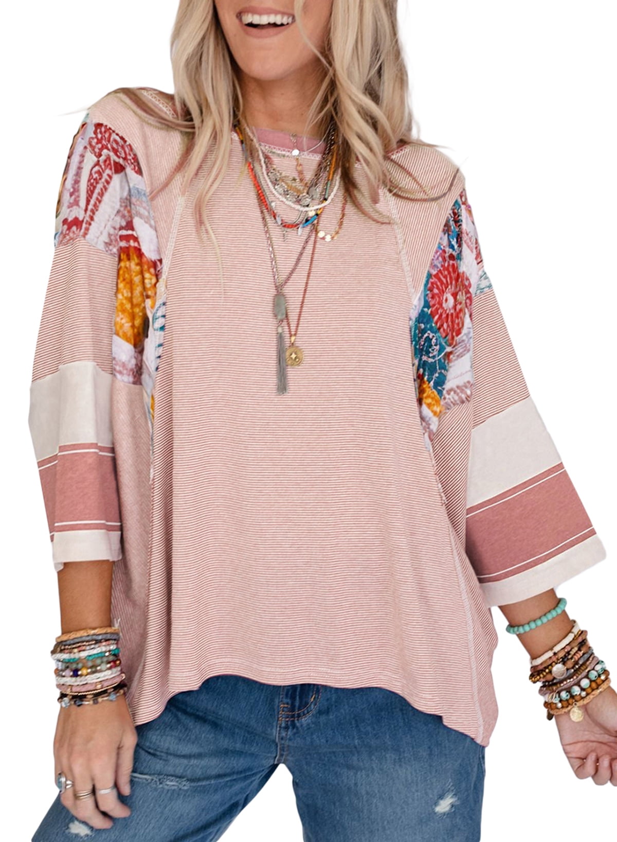 SHEWIN Womens Tops Spring Summer Boho Shirts Crew Neck Oversized ...
