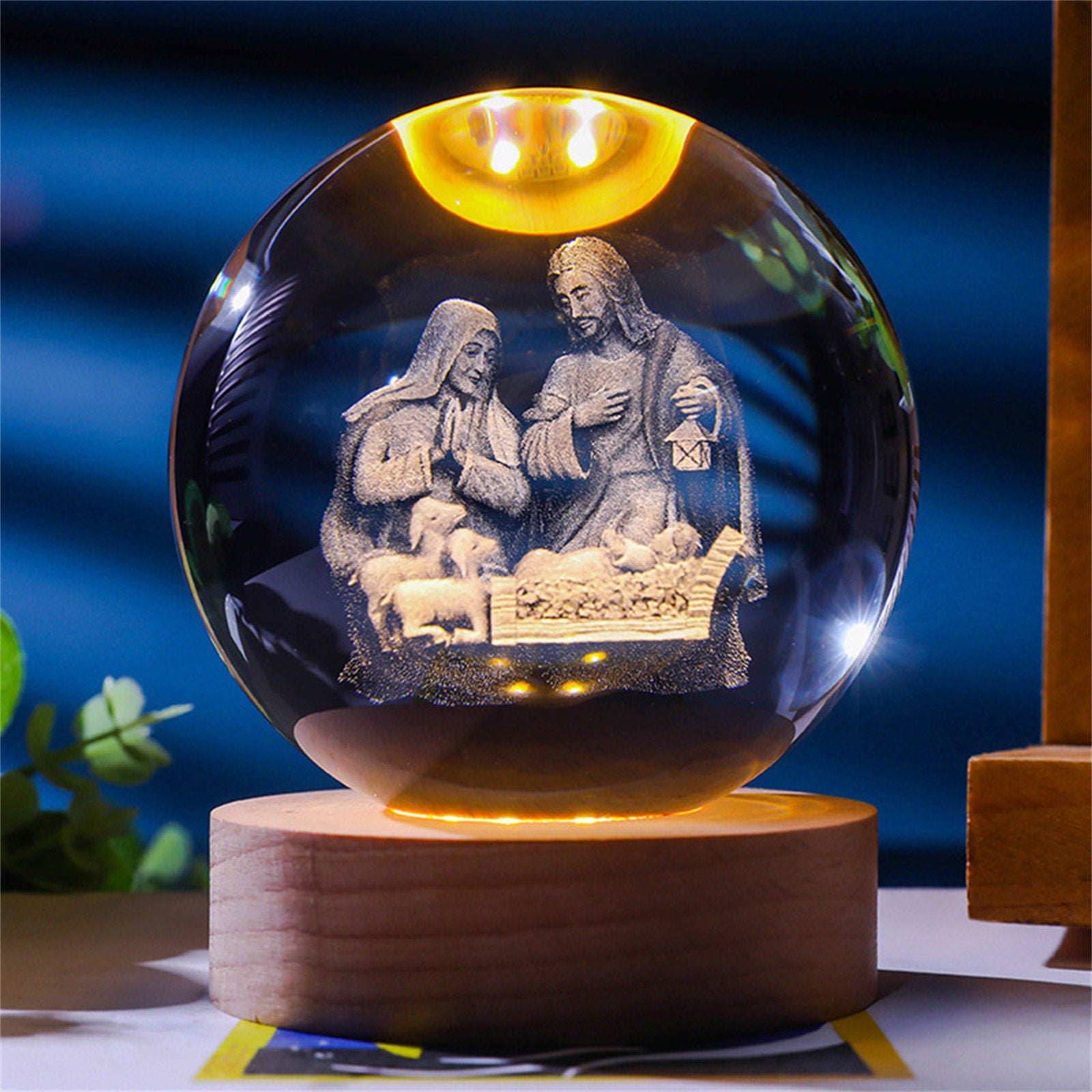 SHEYAGN Crystal Ball Night Light Engraved Holy Family Figurine Statue ...