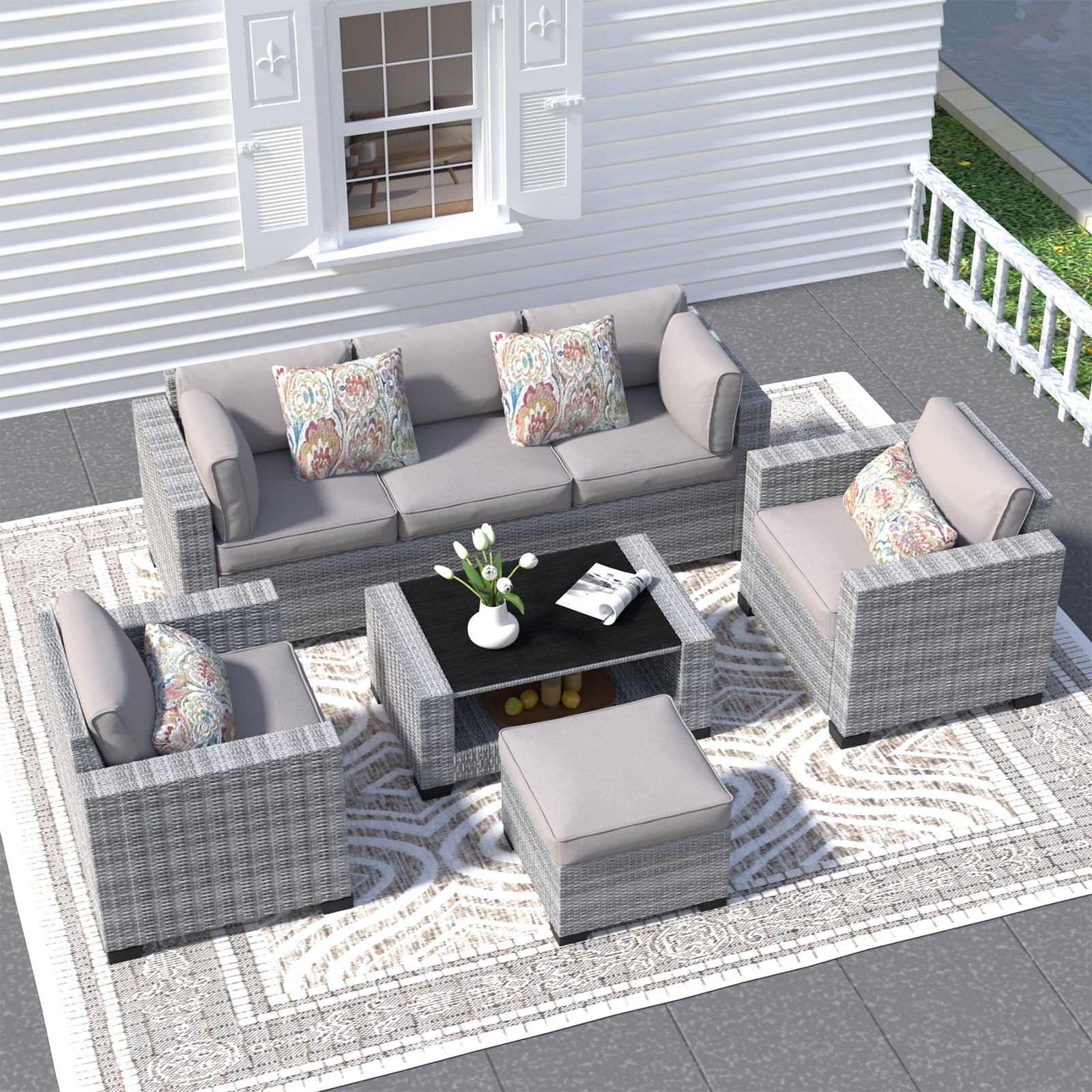 SHGJ&SOFT 7 Piece Patio Furniture Set, Wicker Outdoor Sectional Sofa ...