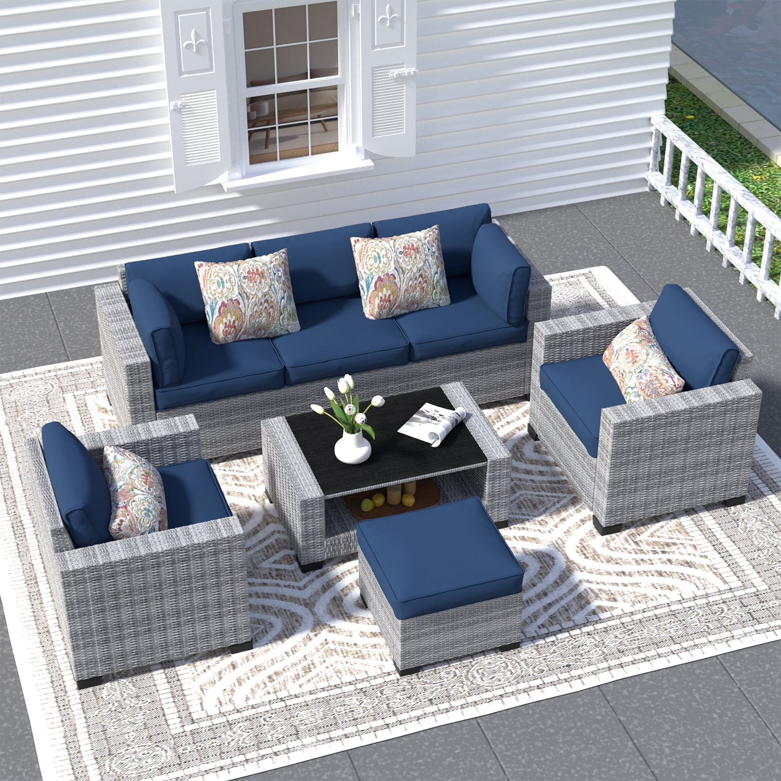 SHGJ&SOFT 7 Piece Patio Furniture Set, Wicker Outdoor Sectional Sofa ...