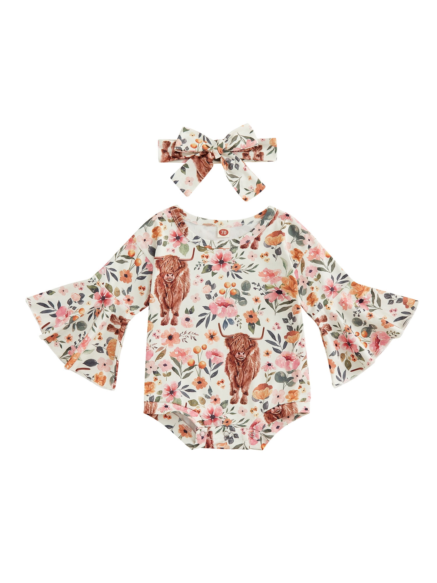 SHIBAOZI Newborn Baby Girl Romper Floral Cow Print Long Flare Bell Sleeve Bodysuit Headband ...