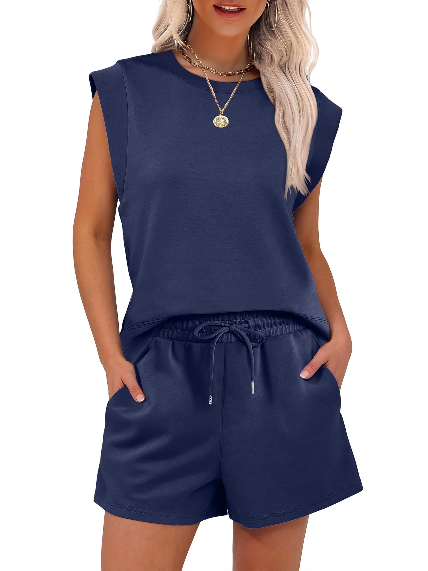 SHIBEVER Women's 2 Piece Summer Outfit, Sleeveless Top and Drawstring ...