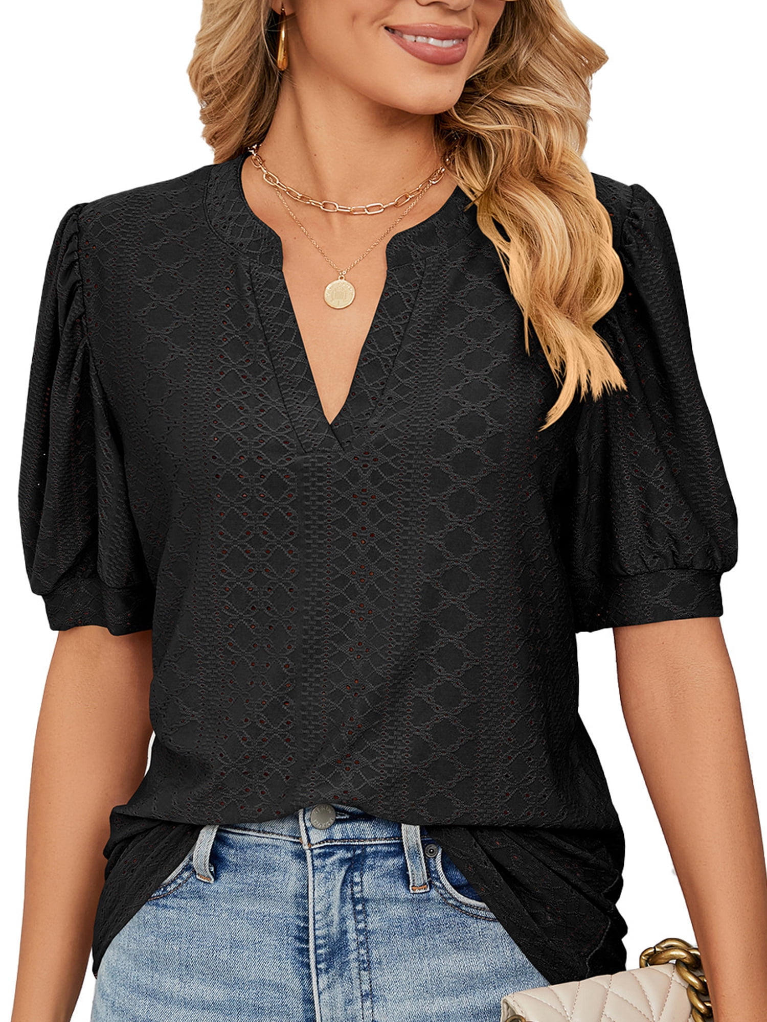 SHIBEVER Blouse Dressy Casual V Neck Puff Sleeve Tops Summer Tshirts for Women Loose Fashion ...