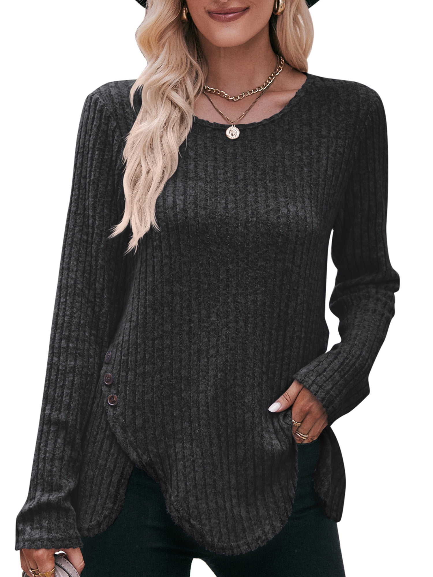 SHIBEVER Blouses for Women Fall Round Neck Long Sleeves Shirts Plus ...