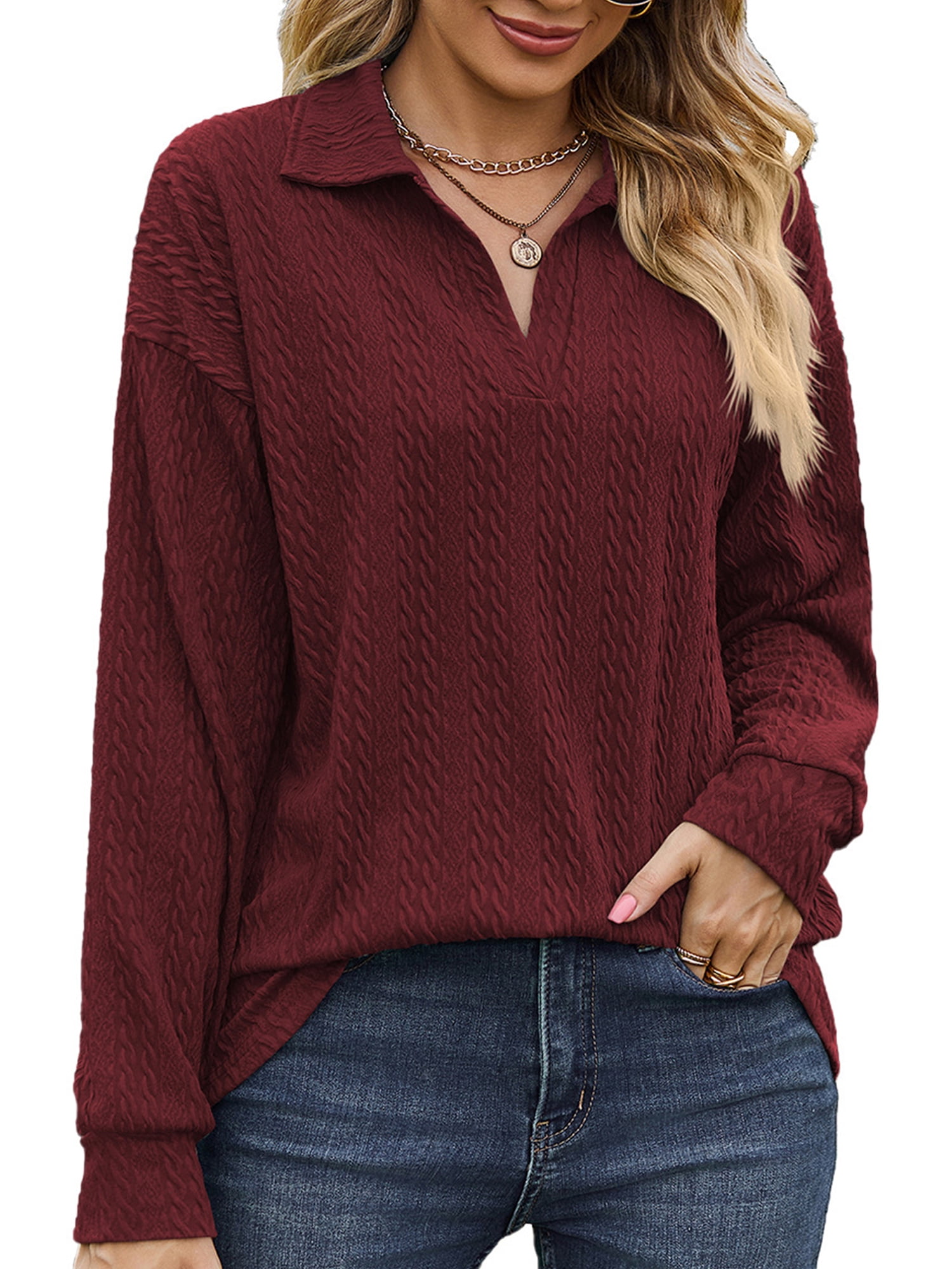 SHIBEVER Women Long Sleeve Tops V Neck Shirts Pullover Casual Fall Tops ...
