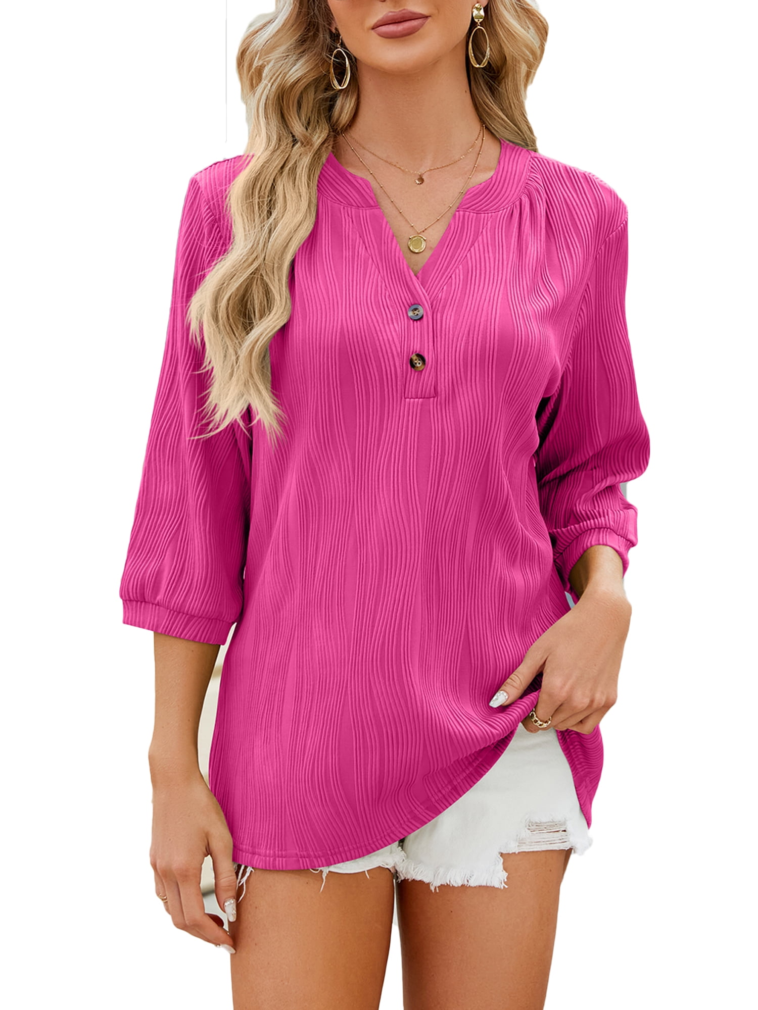 SHIBEVER Women Blouses Casual 3/4 Sleeves Tunic Tops V Neck Pink Cute ...