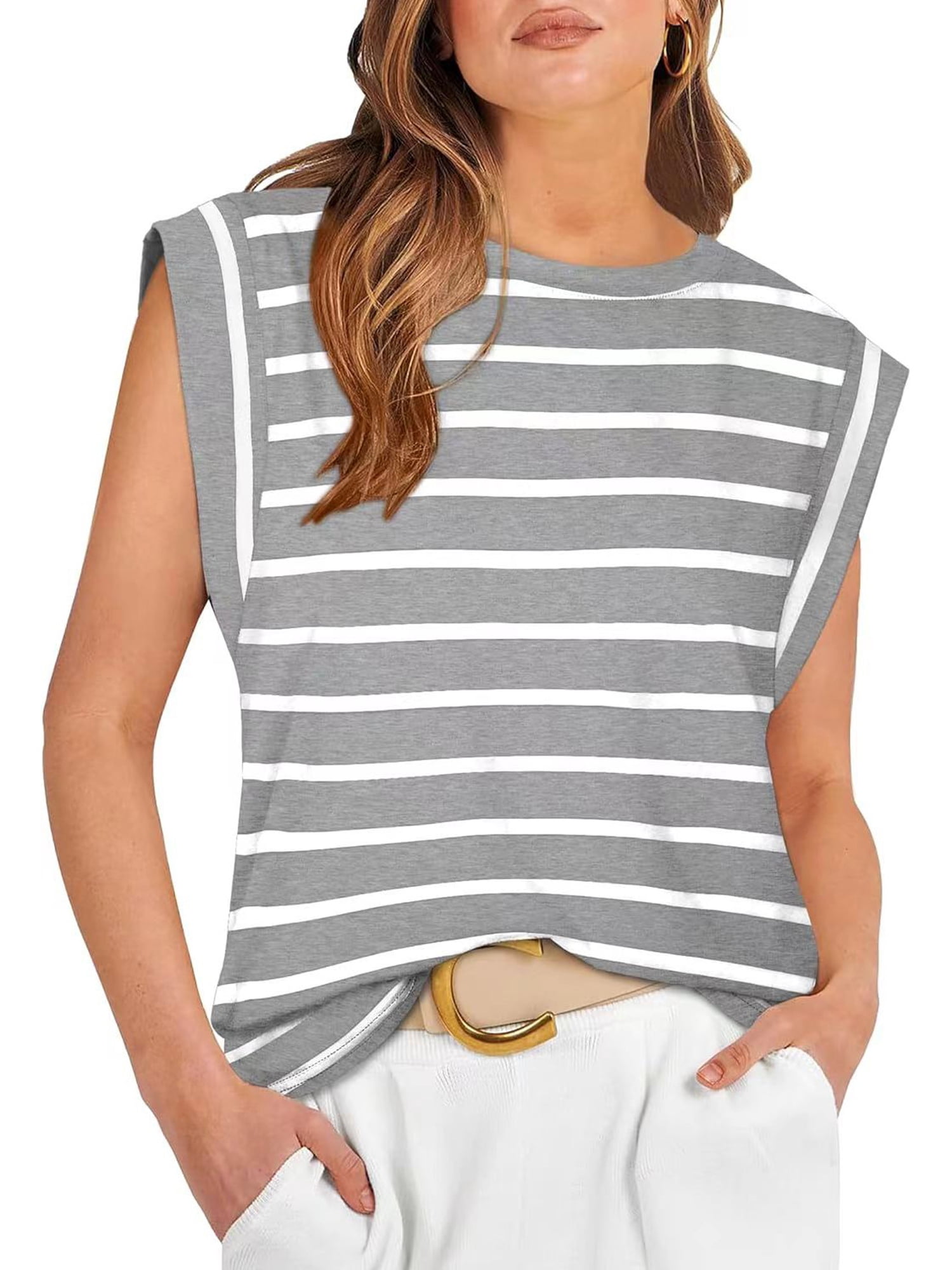 SHIBEVER Cap Sleeve Tops for Women Casual Crewneck Tops Summer Basic ...