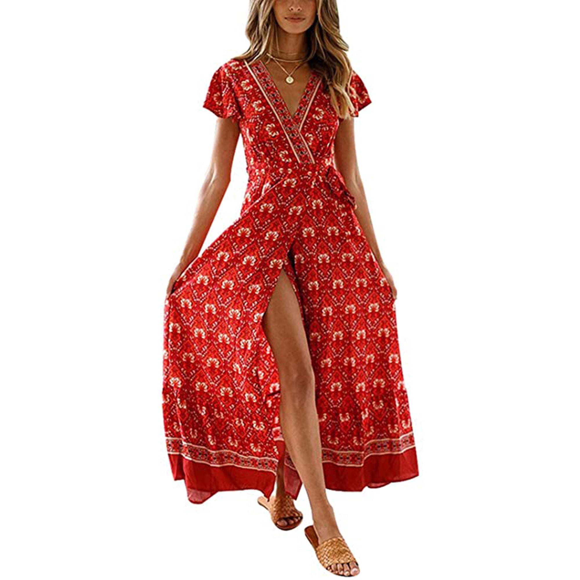 SHIBEVER Casual Wrap Dress for Women Summer Bohemian Floral V Neck ...