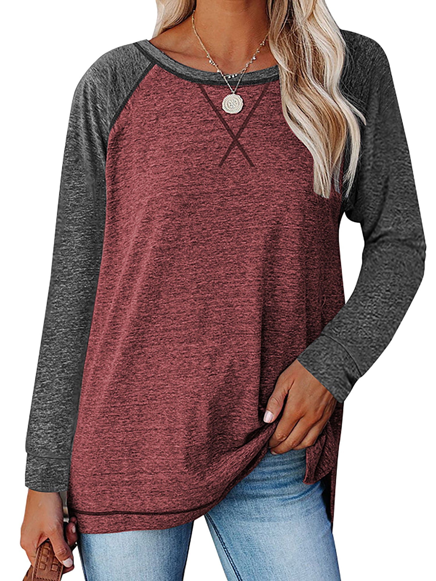 SHIBEVER Women's Fall Fashion Long Sleeve Crew Neck Cross Split Tunic ...